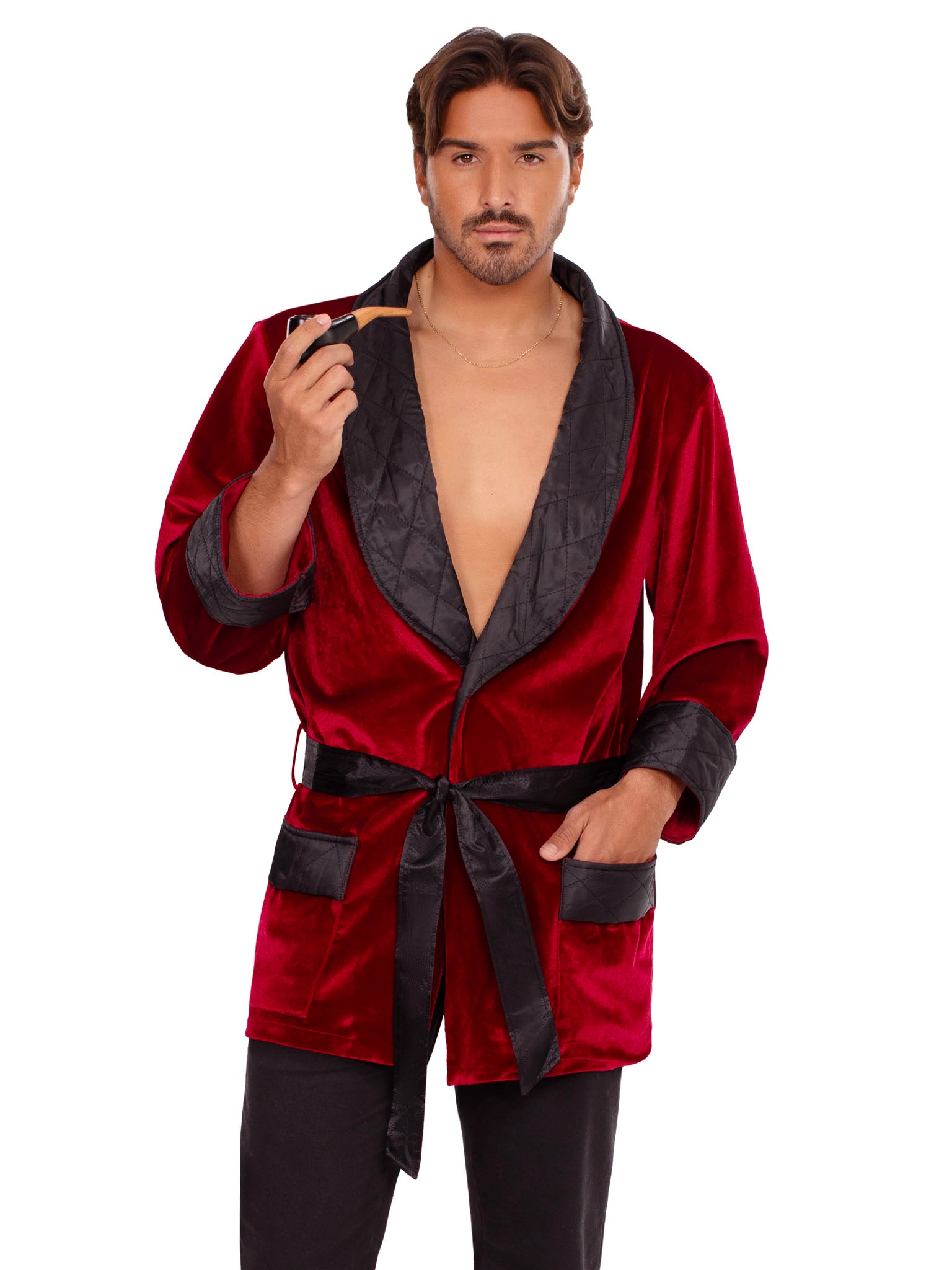 Deluxe Velvet Smoking Jacket & Pipe - Deep Red with Black Trim - Adult ...