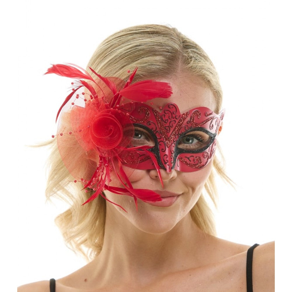 Red Fascinator Half Mask with Tulle Flower & Feather – Caufield's Novelty